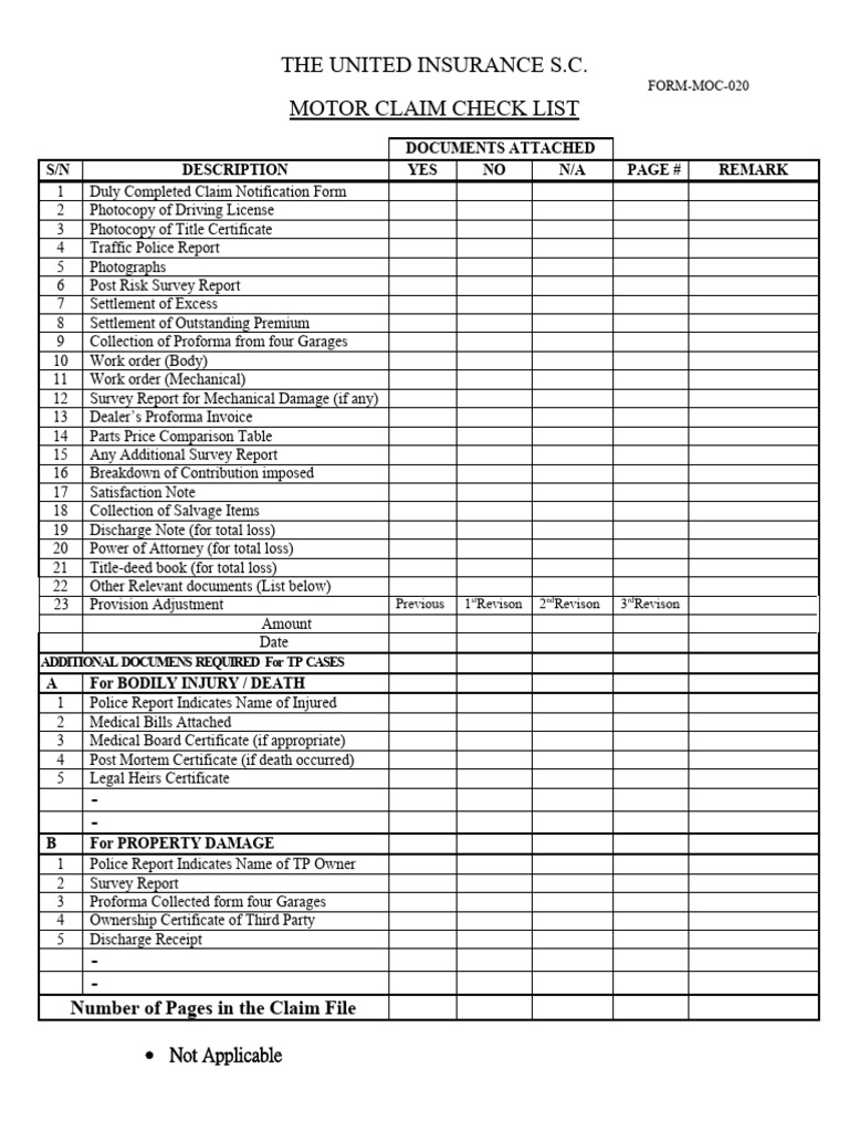 Claim Check List (Motor) | PDF | Insurance | Private Law