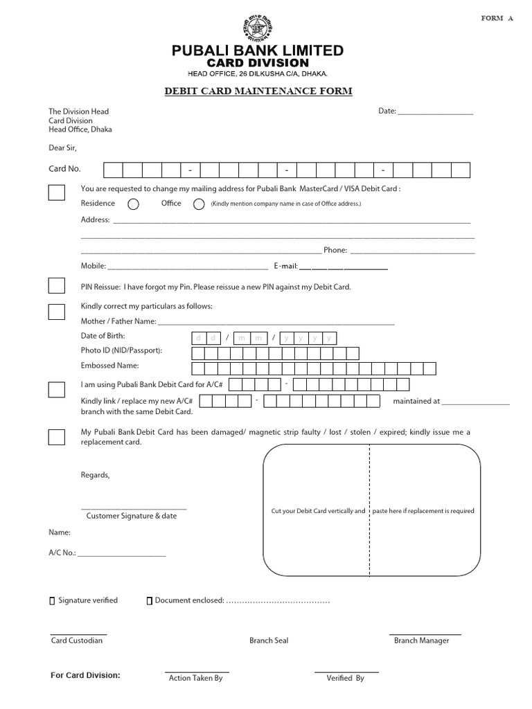 PUBALI BANK Debit Card Maintenance Form | PDF | Debit Card | Personal ...