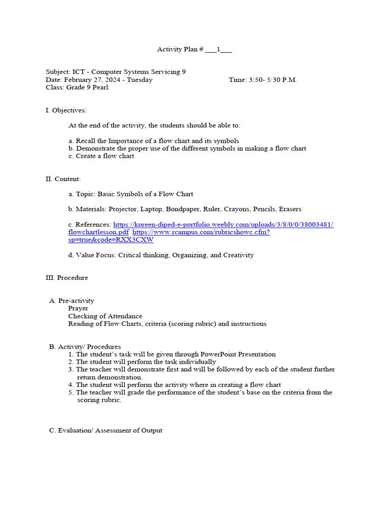 Flow-Chart-Activity-Plan-1 | PDF | Rubric (Academic) | Cognition