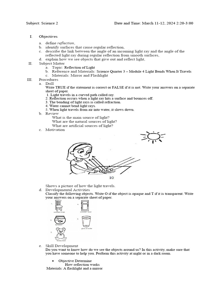 Science 2 Lesson Plan | Download Free PDF | Reflection (Physics) | Mirror