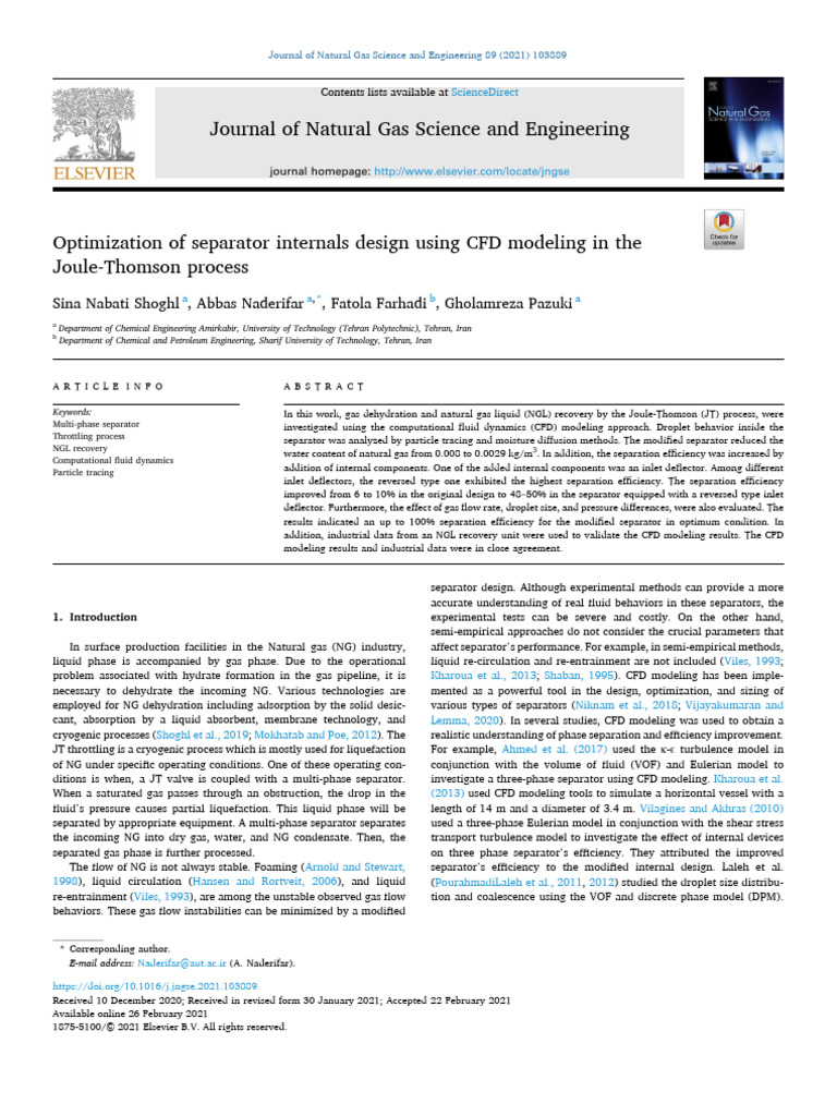 Optimization Of Separator Internals Design Using Cfd Modeling In The Joule Thomson Process