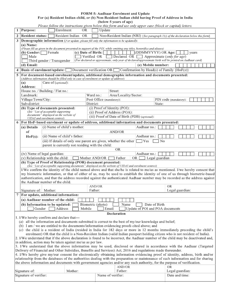 Aadhar Enrolment Below 5 Years of Age | PDF