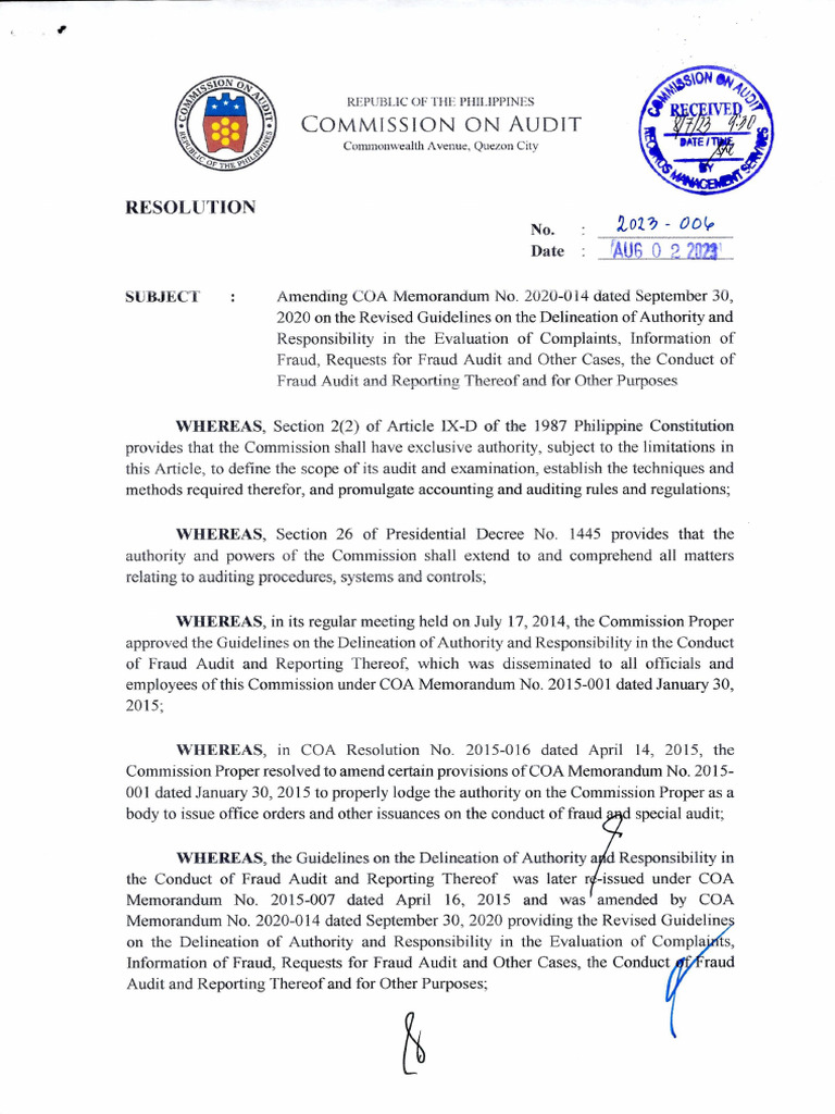 Coa Resolution No. 2023 - 006 - 0001 | PDF | Audit | Legal Documents