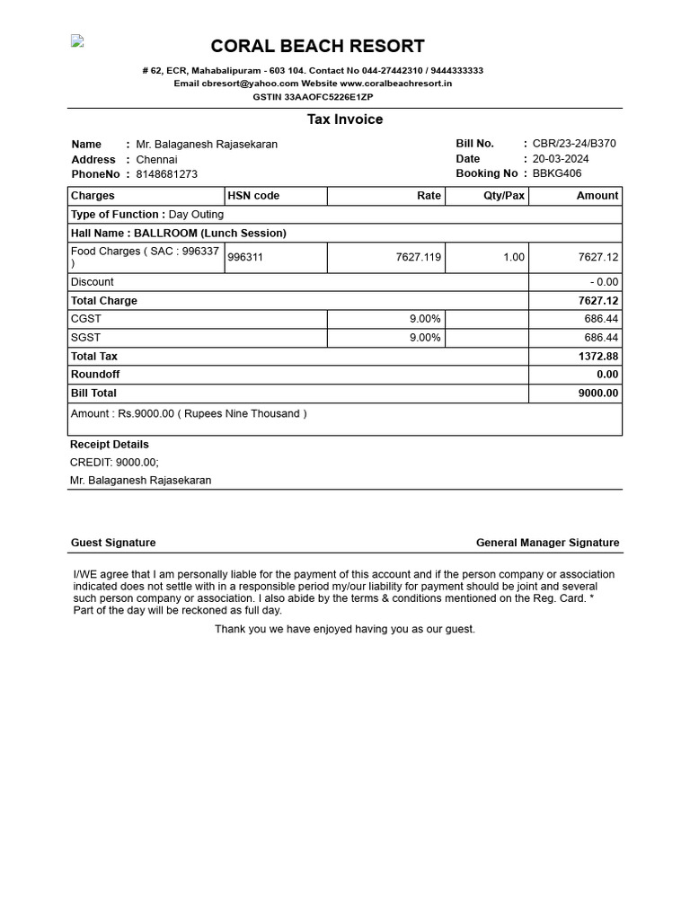 Coral Beach Resort Tax Invoice Details | PDF