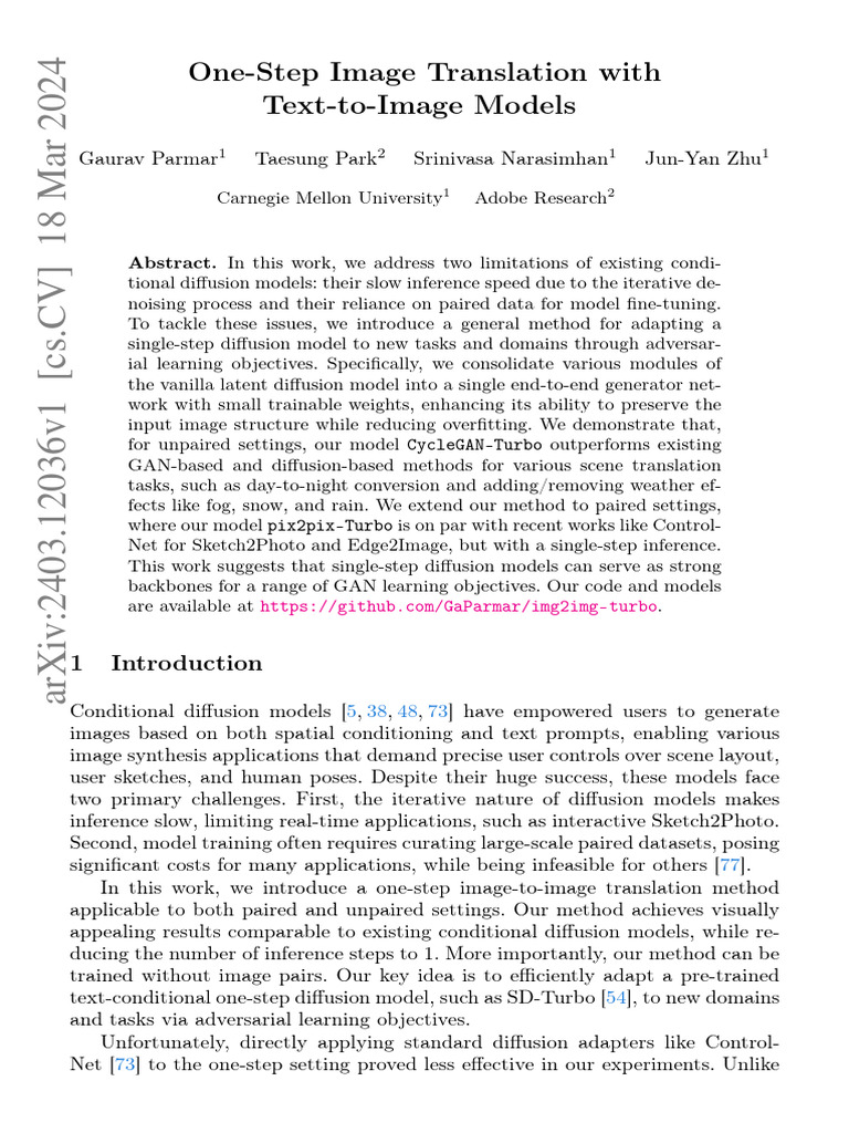 One-Step Image Translation with Text-to-Image Models | PDF | Data Compression | Computer Science