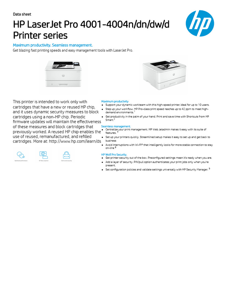 HP Laserjet Pro 4001-4004N/Dn/Dw/D Printer Series: Data Sheet | Download Free PDF | Printer ...
