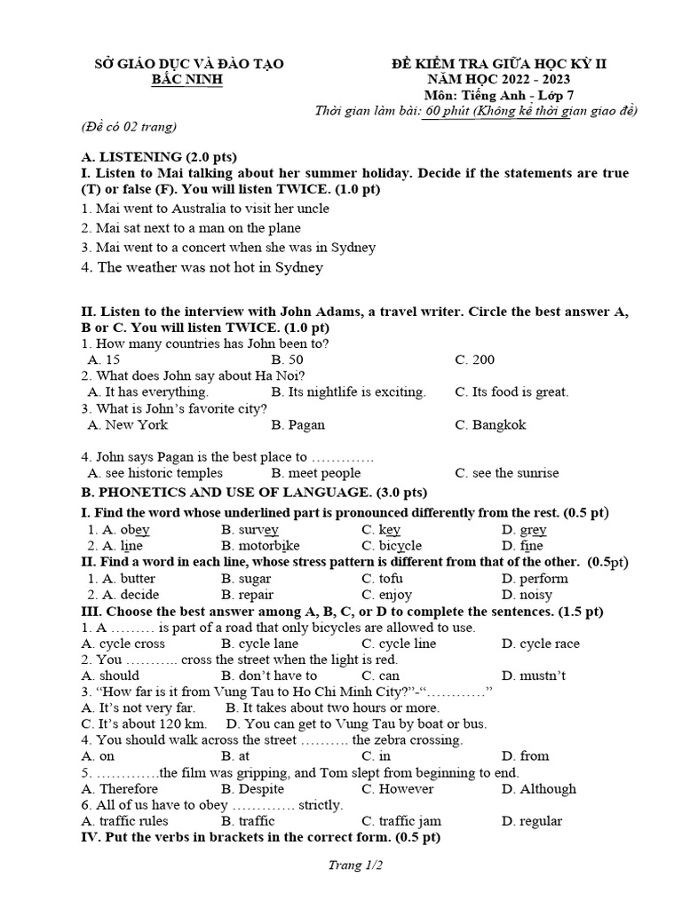 Đề Anh 7 giữa HKII 2022-2023 | PDF | Cost Of Living | Easter