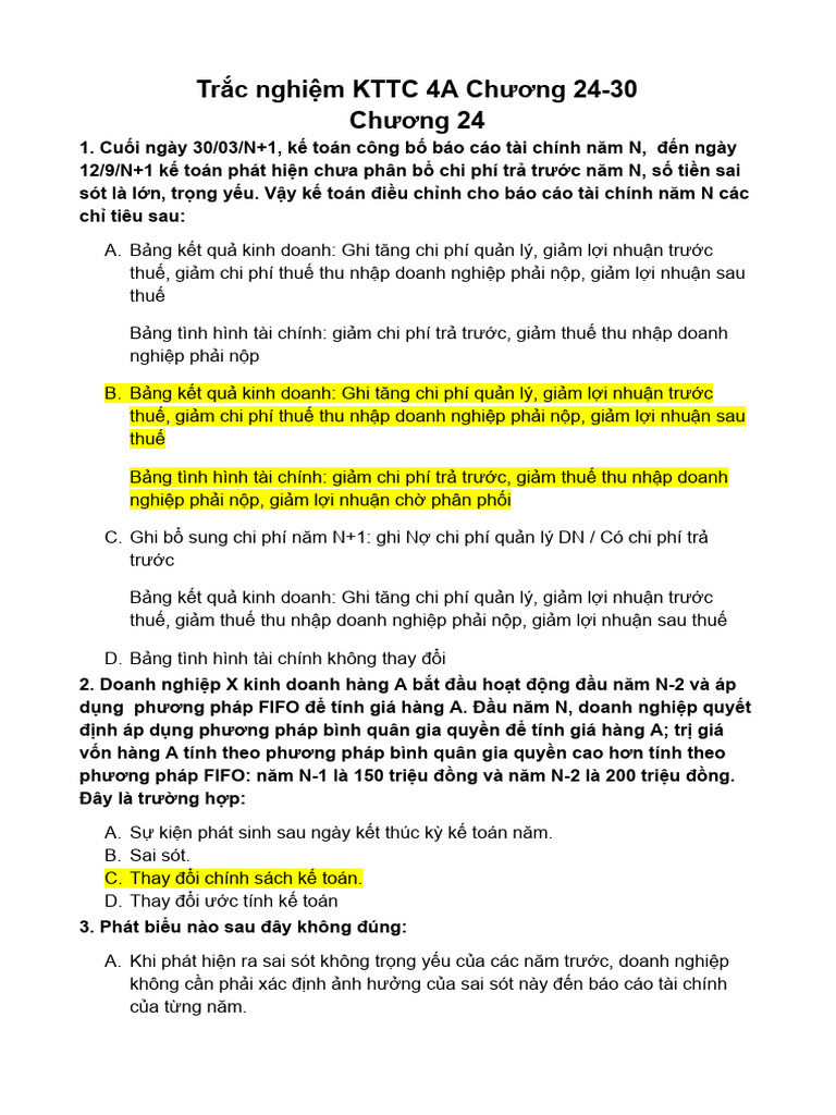 Trắc nghiệm KTTC 4A Chương 24-30 Chương 24 | PDF