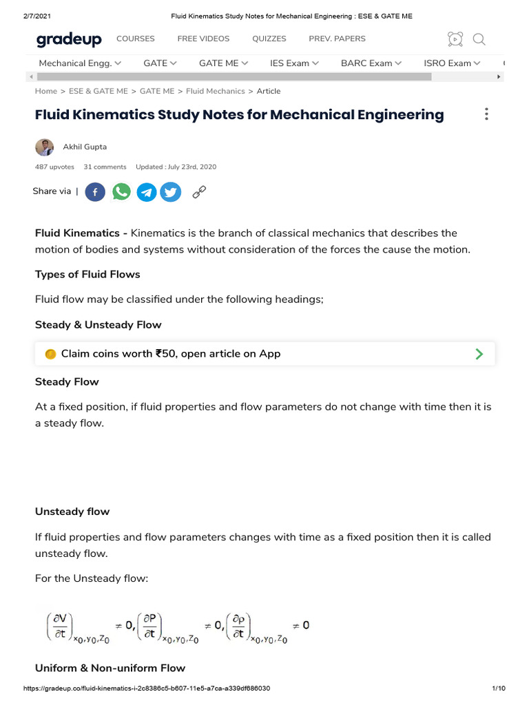 Fluid Kinematics Study Notes For Mechanical Engineering - ESE & GATE ME ...