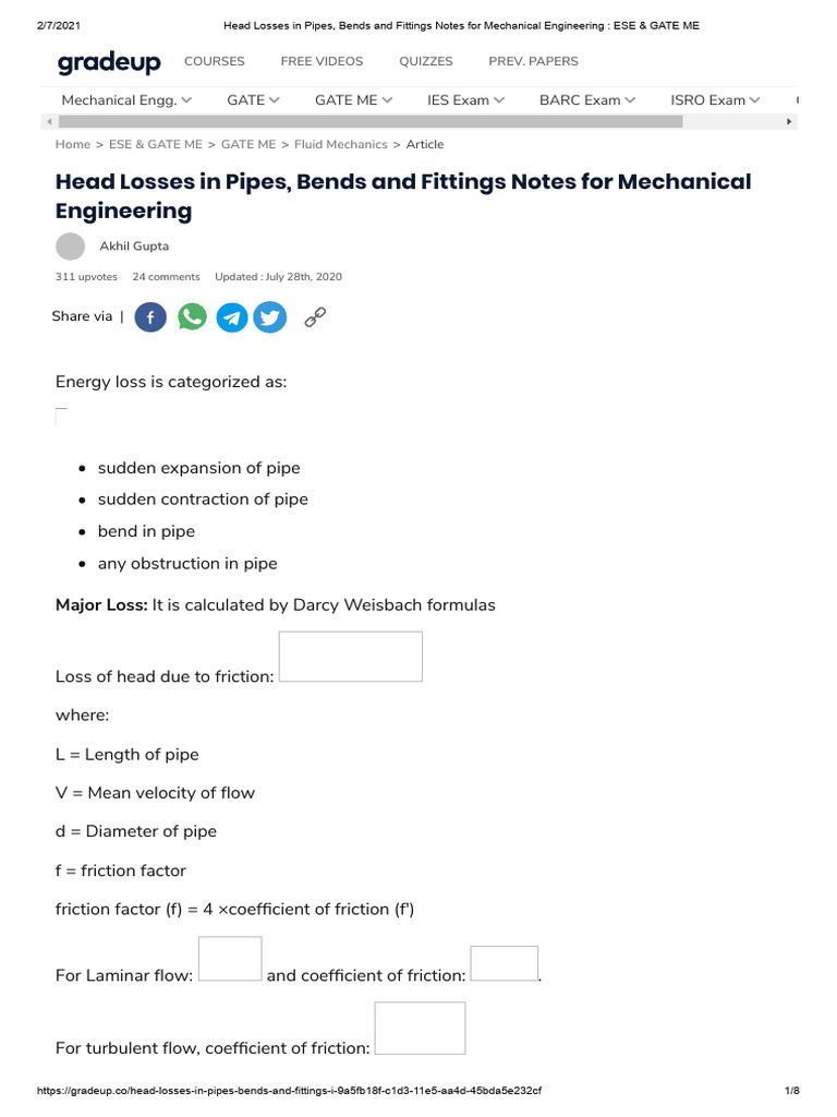 Head Losses in Pipes, Bends and Fittings Notes For Mechanical ...
