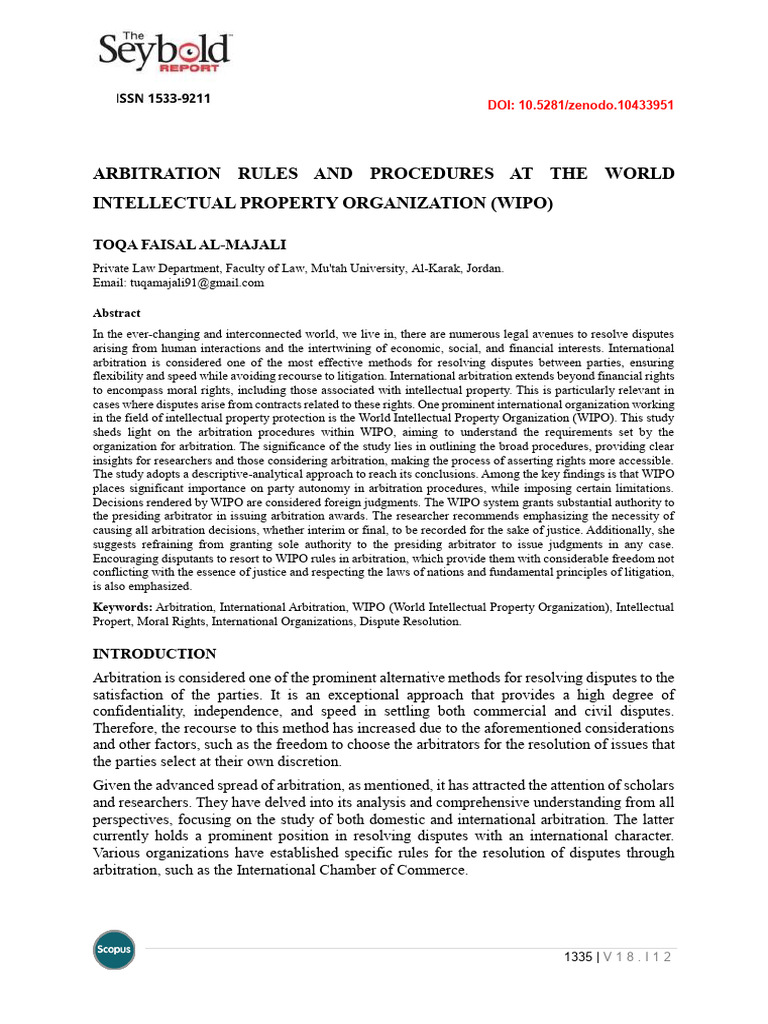 Arbitration Rules and Procedures at The World Intellectual Property Organization (Wipo) | PDF ...