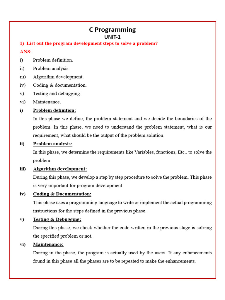 C Important Questions Unit 1 | PDF | Computers