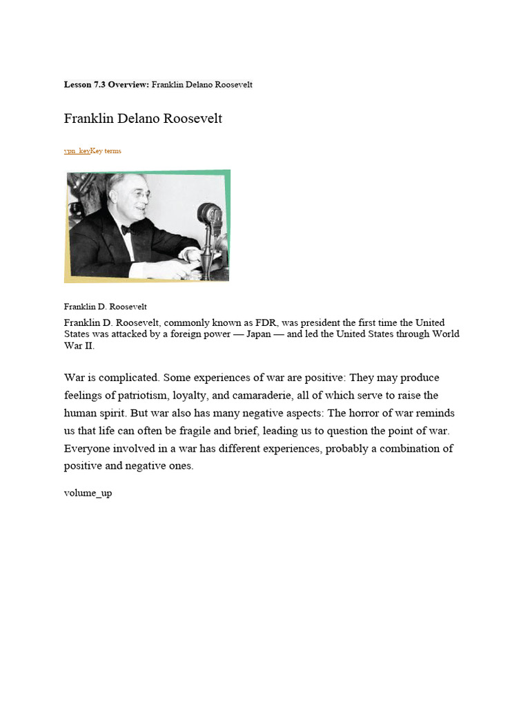 Lesson 7.3 Franklin Delano Roosevelt | PDF