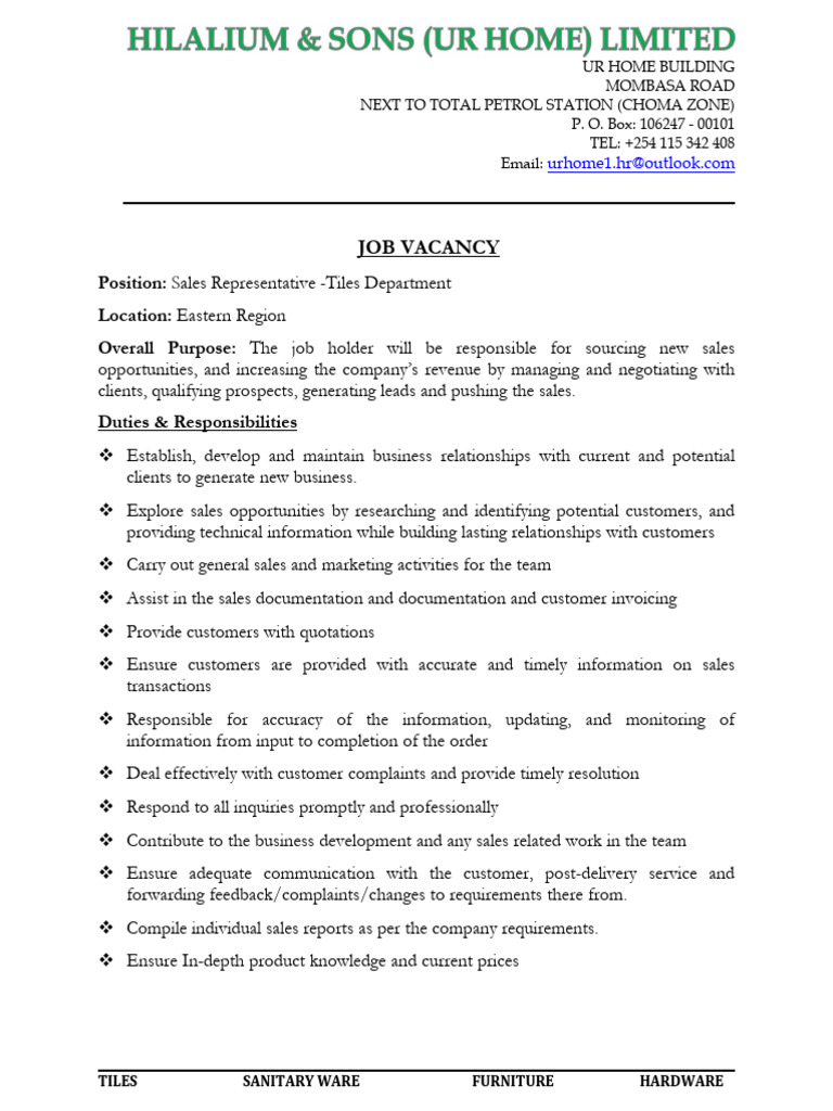 Sales Rep - Job Advert - Tiles | PDF | Sales | Business Economics
