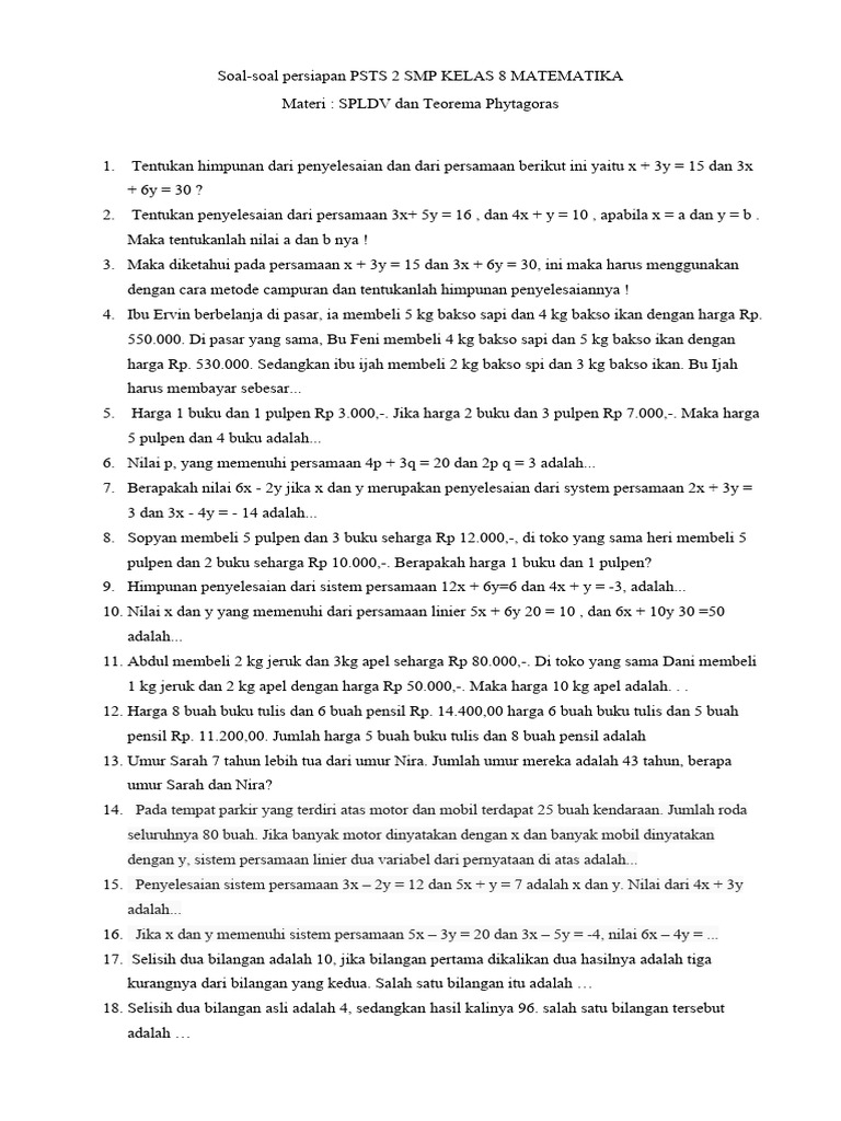 Soal Persiapan Psts 2 Matematika SMP Kelas 8 | PDF