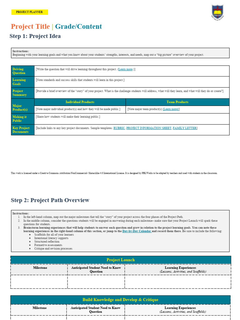 Project-Based Learning Planner Guide | PDF | Learning | Education Theory
