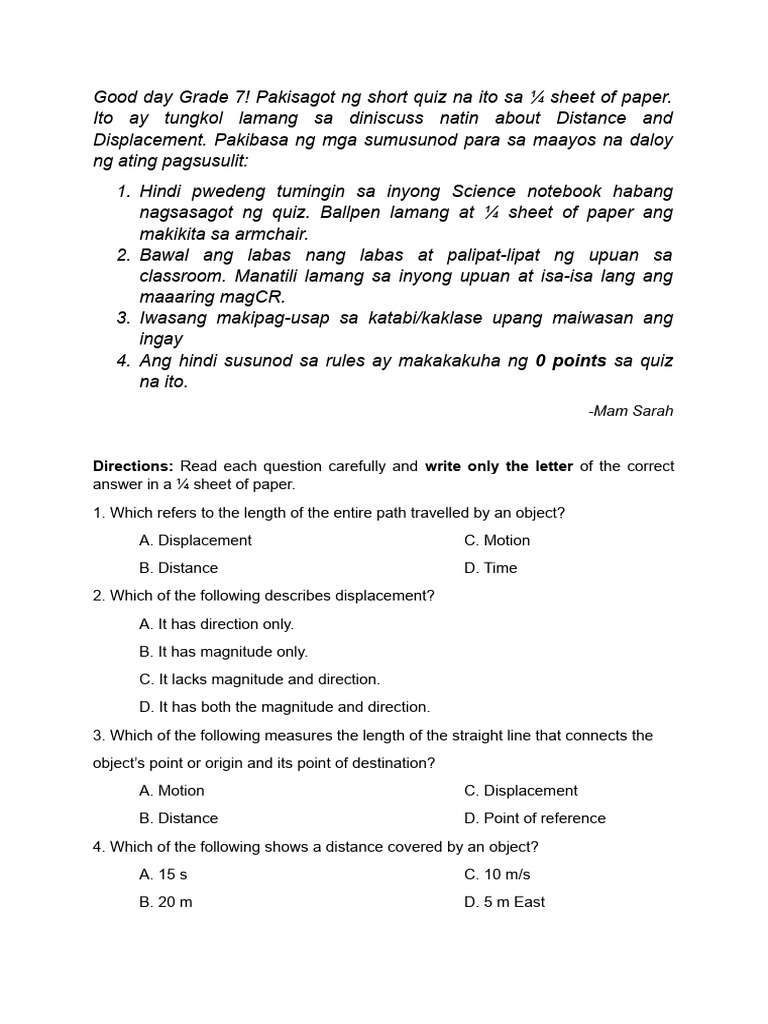 Distance and Displacement Quiz for Grade 7 | PDF | Distance | Metre