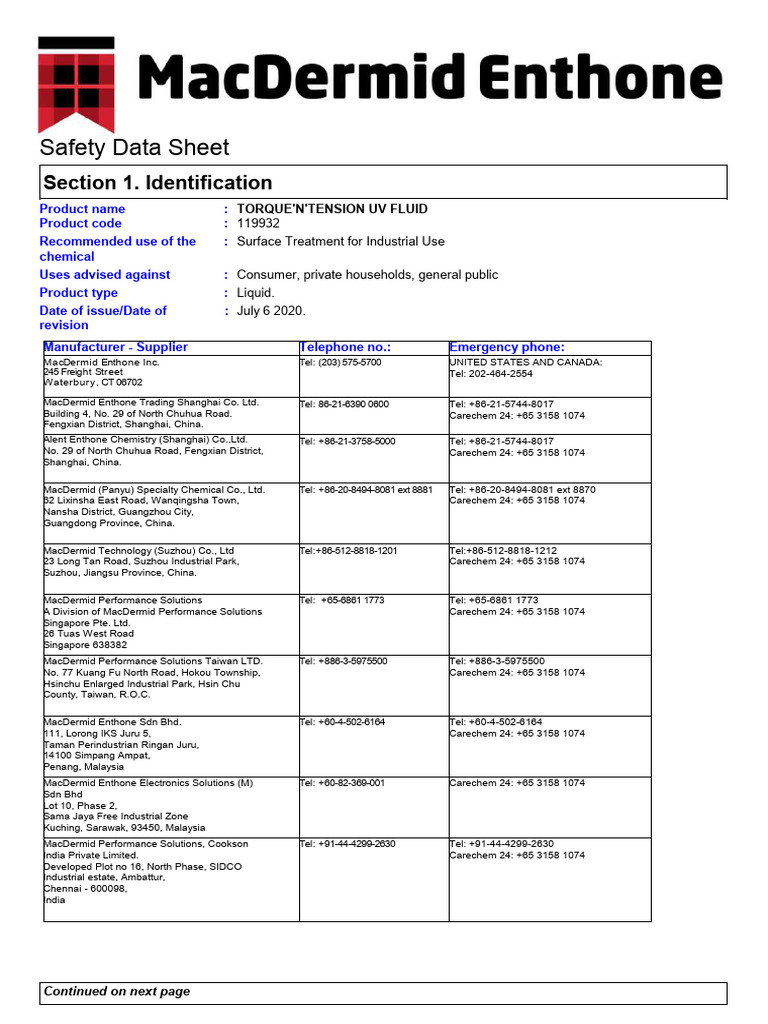 MSDS - TNT Uv Fluid | PDF | Toxicity | First Aid