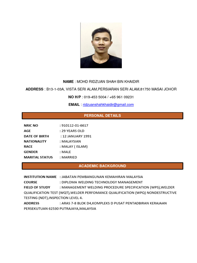 CV Mohd Ridzuan Shah | PDF | Welding | Construction
