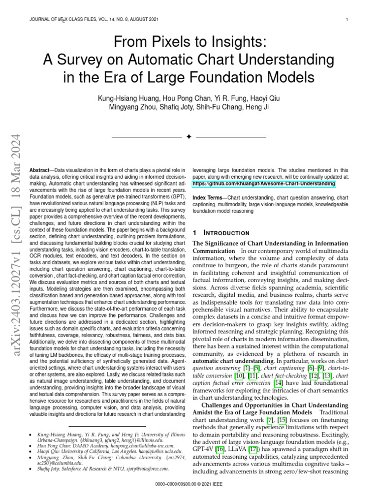 From Pixels to Insights: A Survey on Automatic Chart Understanding in the Era of Large ...