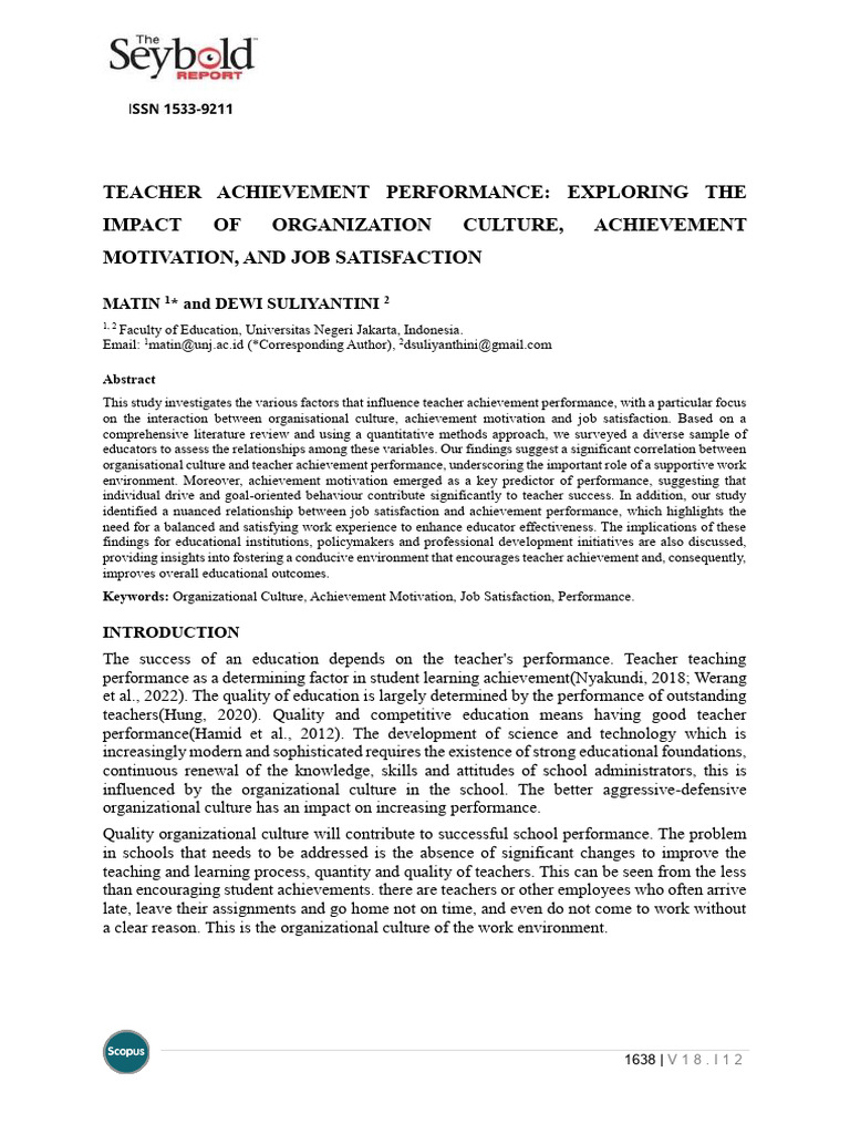 Teacher Achievement Performance: Exploring The Impact of Organization ...