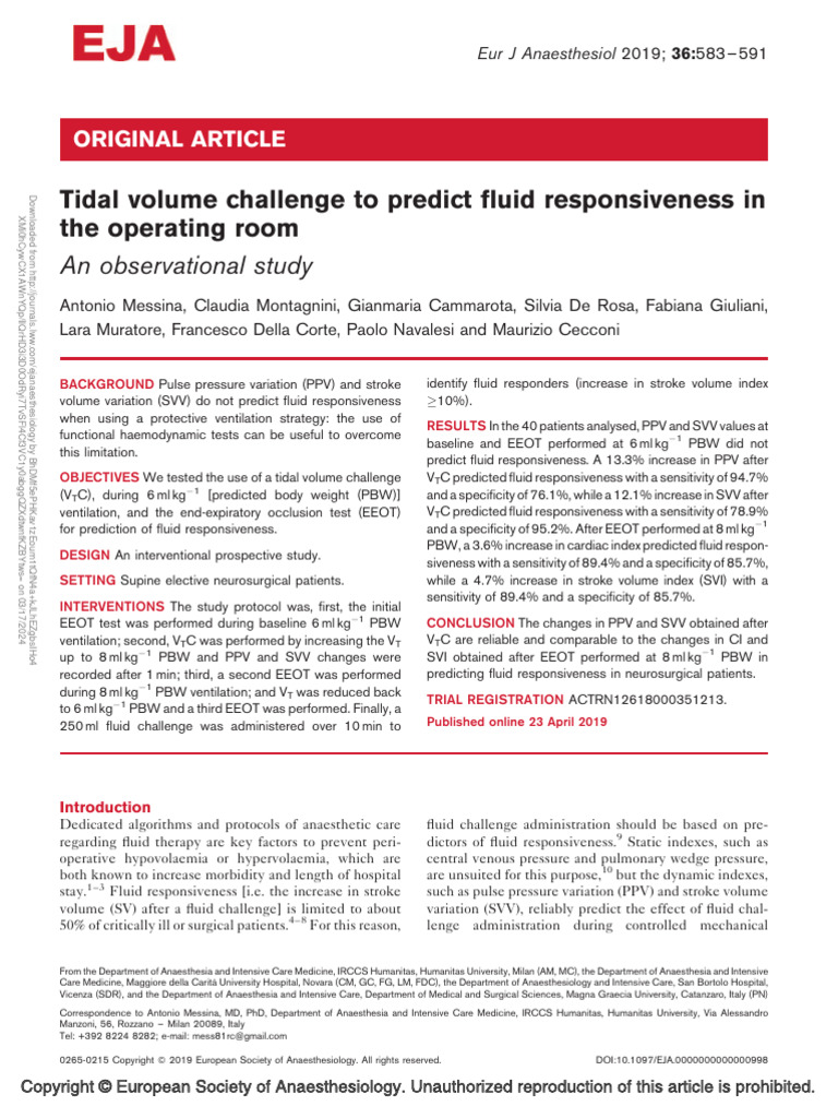 Tidal Volume Challenge to Predict Fluid.6 | PDF | Intensive Care ...
