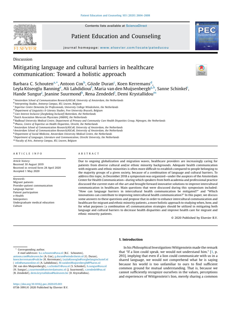 Mitigating Language and Cultural Barriers in Healthcare - Toward A Holistic Approach | PDF ...