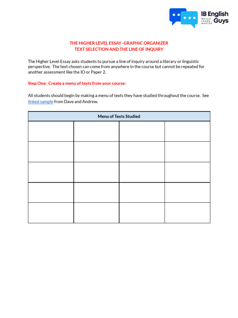 HL Essay Text Selection and Line of Inquiry Graphic Organizer | PDF ...