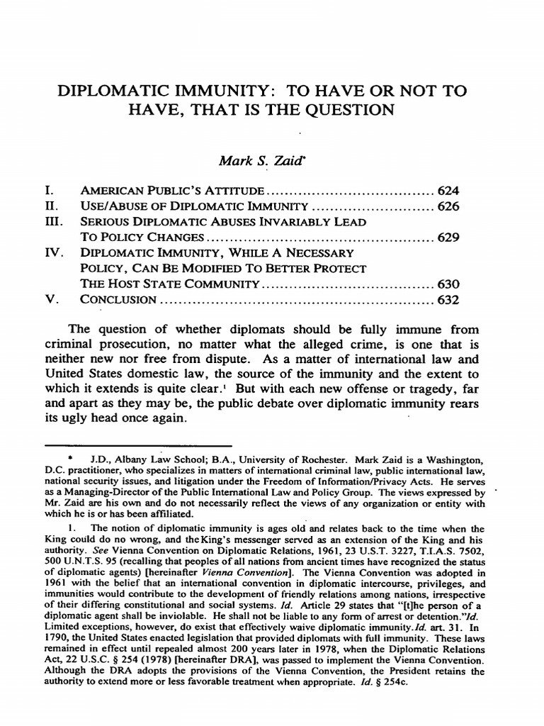 Diplomatic Immunity To Have Or Not To Have That Is The Question PDF