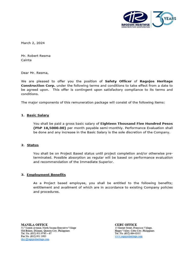 Offer Letter for Safety Officer Position | PDF | Salary | Employment