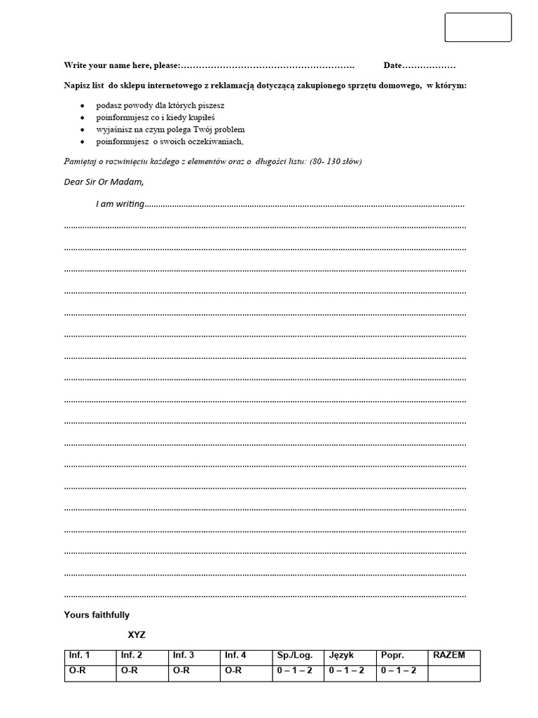 List Z Reklamacją - Praca Klasowa | PDF