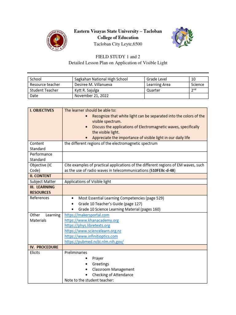 Lesson Plan On Application of Visible Light | PDF | Electromagnetic ...