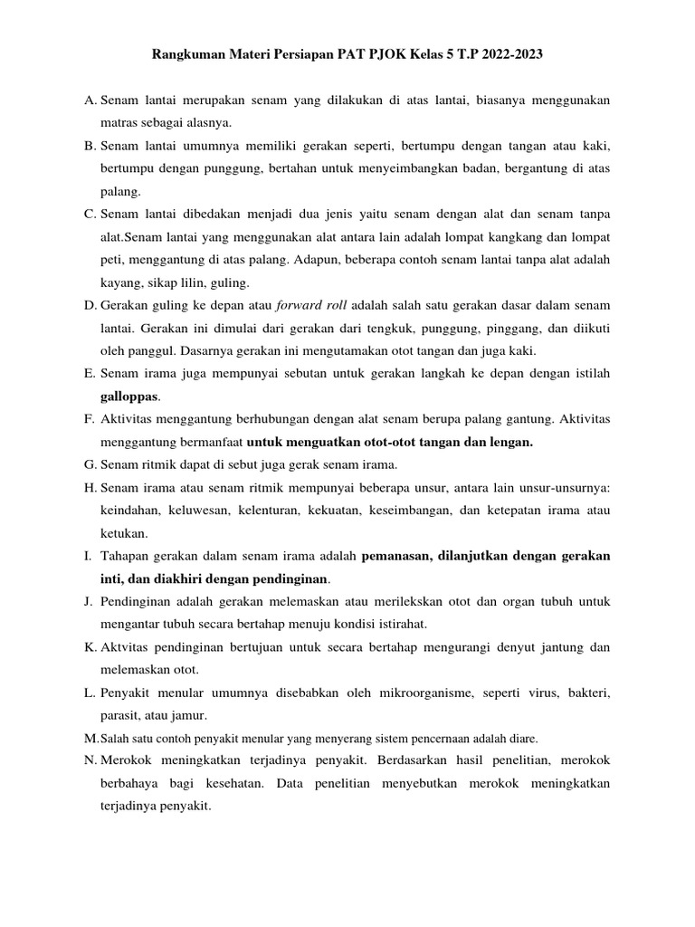 Rangkuman Materi Persiapan PAT PJOK Kelas 5 TP 2022-2023 | PDF | Sains & Matematika