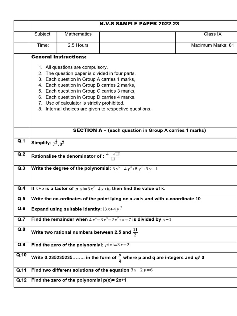 Maths Sample Paper 9 | PDF | Cartesian Coordinate System | Mathematical ...