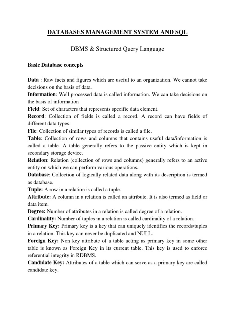 Class 12:DATABASES MANAGEMENT SYSTEM AND SQL | PDF | Relational Database | Sql