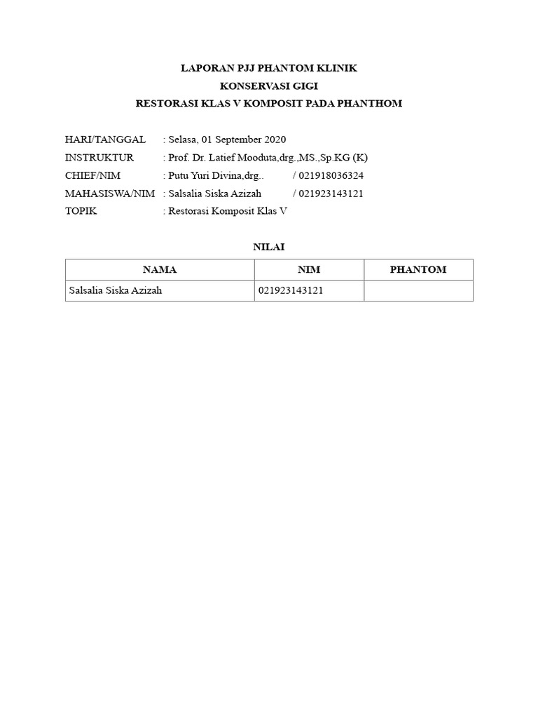 Laporan PJJ Restorasi Komposit Klas V - Salsalia Siska - 021923143121 | PDF