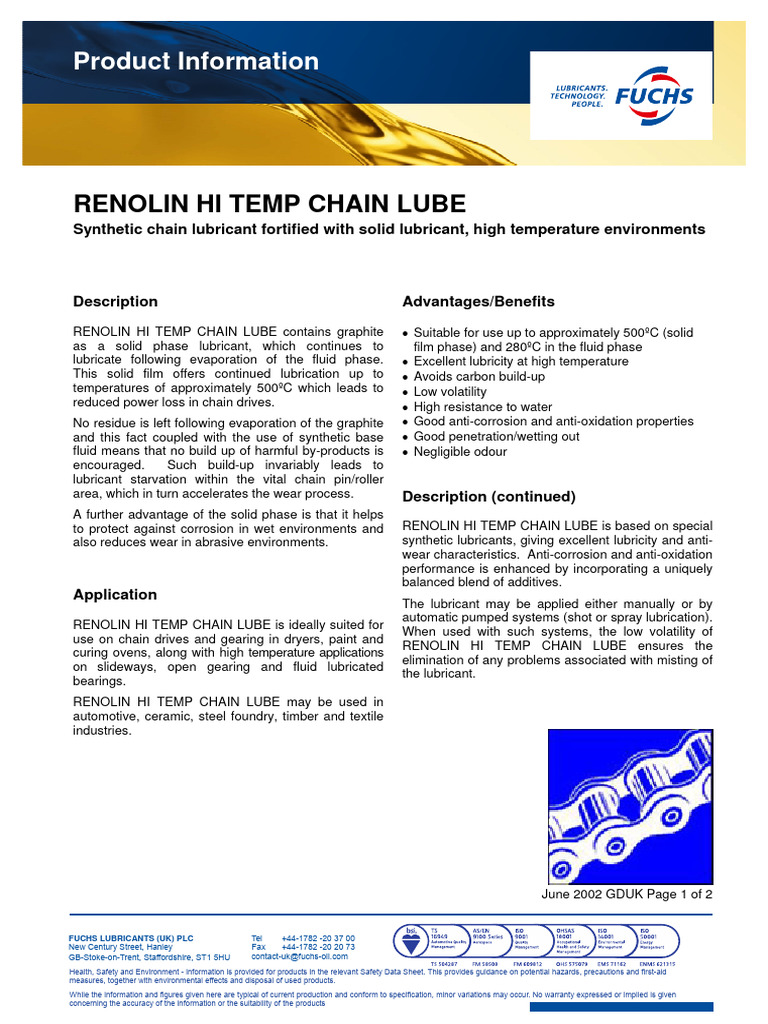 High Temp Chain Lubricant Overview | PDF | Lubricant | Building Engineering