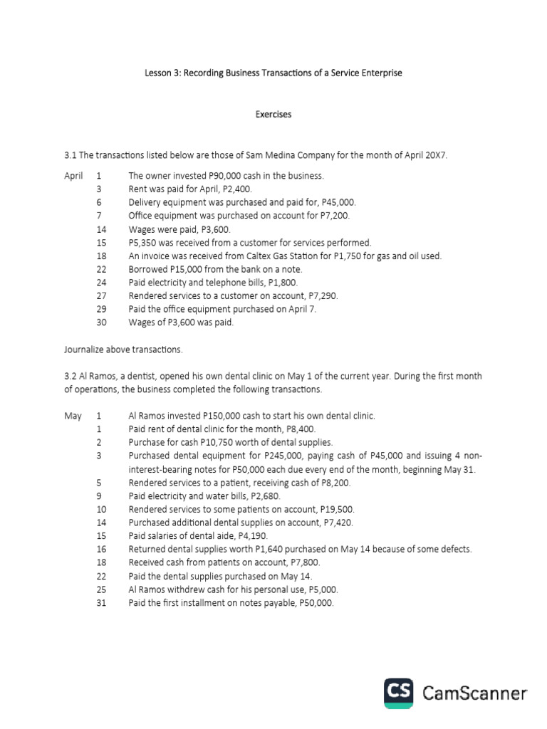 Lesson 3 Exercises Recording Transactions of A Service Enterprise | PDF ...