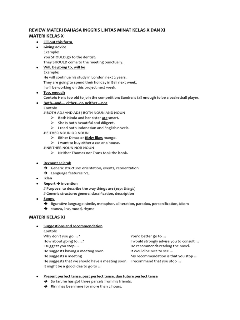Review Materi Bahasa Inggris Lintas Minat Kelas X Dan Xi | PDF ...
