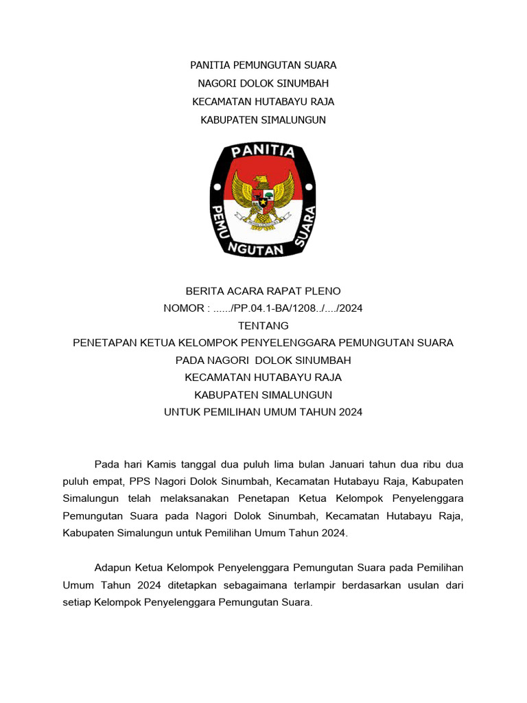 Format Ba Pps - Penetapan Ketua Kpps - 25 Jan 2024 | PDF