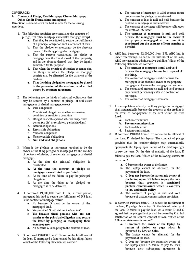 RFBT 05 Contract of Pledge Real Mortgage Chattel Mortgage Other Credit Transaction With Answers ...