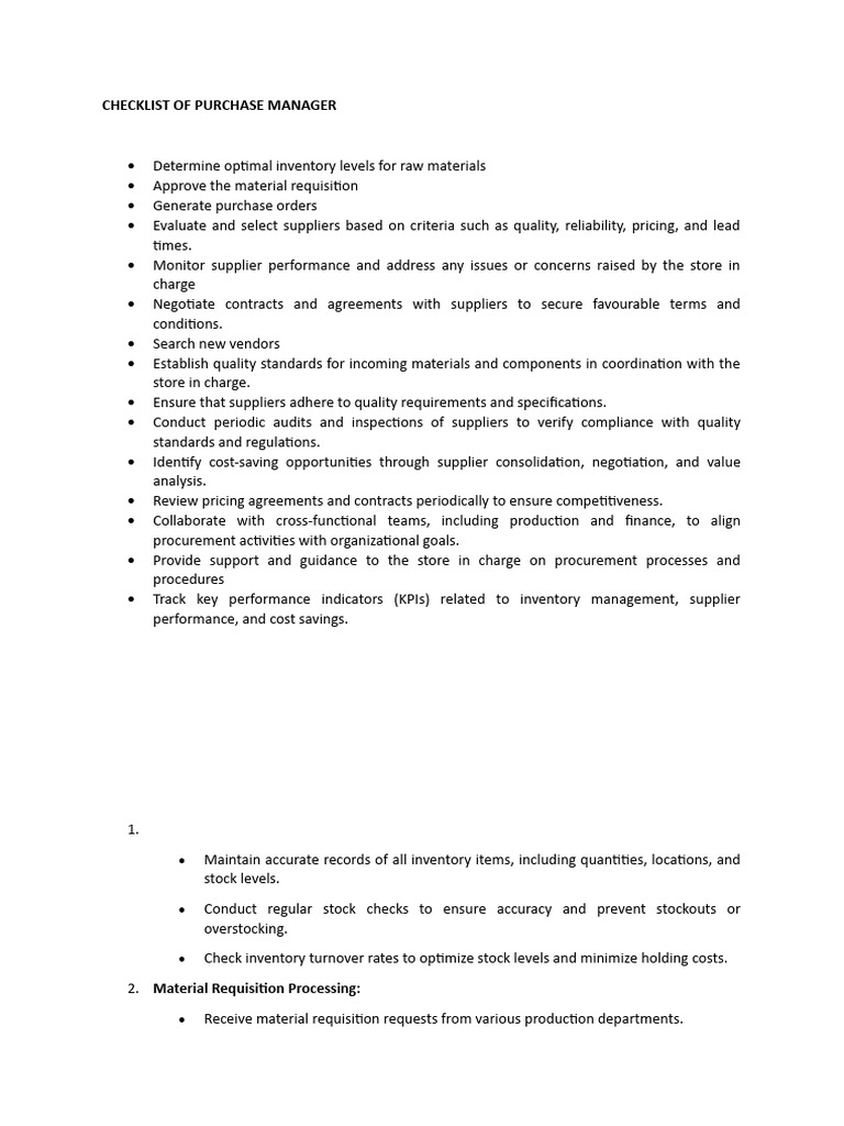 Purchase Manager Responsibilities Checklist | PDF | Supply Chain ...