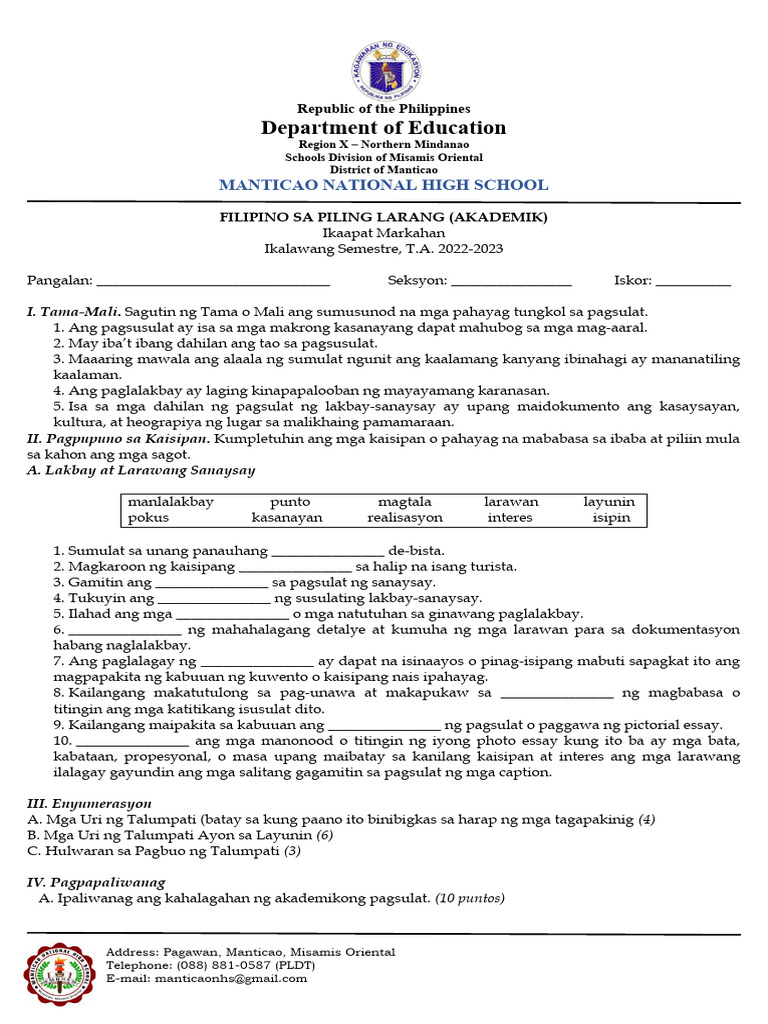 Filipino Sa Piling Larang (Akademik) | PDF