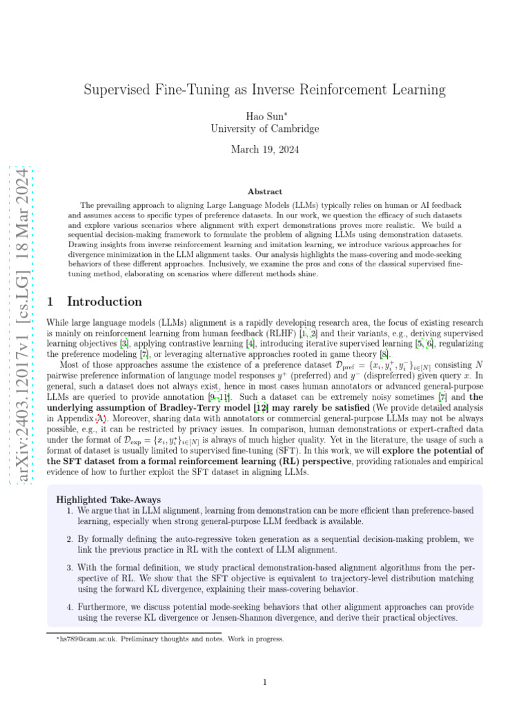 Supervised Fine-Tuning as Inverse Reinforcement Learning | PDF ...