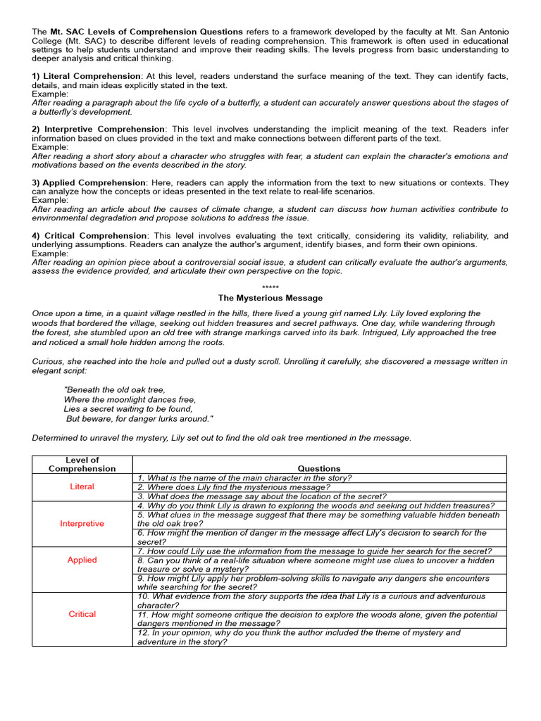 Mt. SAC Comprehension Levels Explained | PDF | Reading Comprehension ...