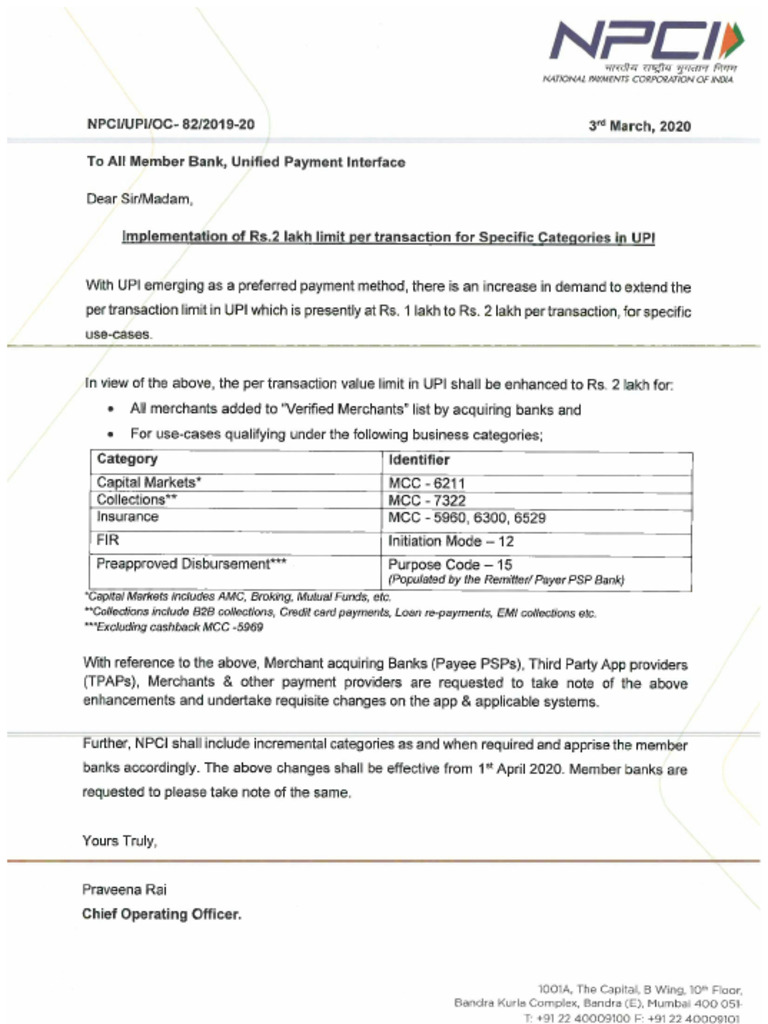 UPI OC 82 - Implementation of Rs 2 Lakh Limit Per Transaction for ... UPI OC 82 - Implementation of Rs 2 Lakh Limit Per Transaction for ...
