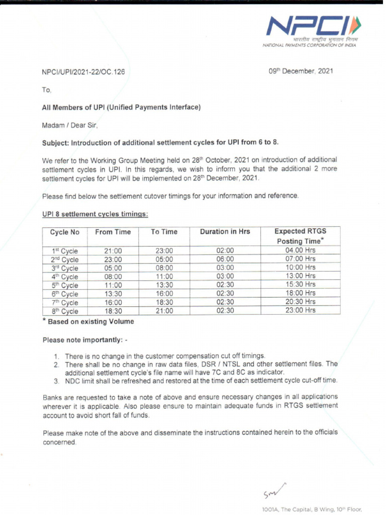 OC 126 Introduction of Additional Settlement Cycles For UPI From 6 To 8 | PDF