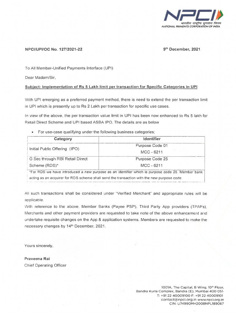 UPI OC 127 Implementation of Rs 5 Lakh Limit Per Transaction for ... UPI OC 127 Implementation of Rs 5 Lakh Limit Per Transaction for ...