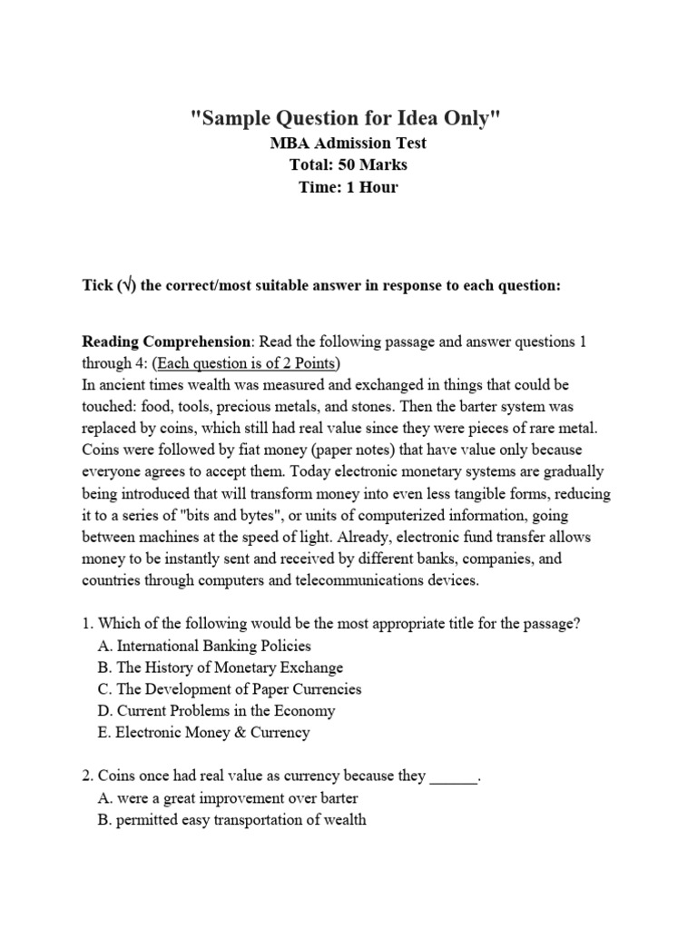 MBA Sample Test Question | PDF | Cost Of Living | Money
