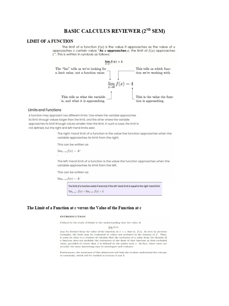Basic Calculus Reviewer | PDF | Function (Mathematics) | Limit (Mathematics)